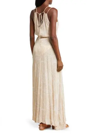 Elan Crinkle Gauze Cover-up Maxi Dress - Tan/white Tropics