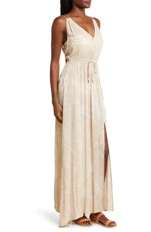 Elan Crinkle Gauze Cover-up Maxi Dress - Tan/white Tropics