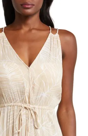 Elan Crinkle Gauze Cover-up Maxi Dress - Tan/white Tropics
