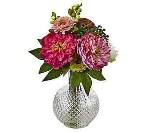 NEARLY NATURAL Peony And Mum Arrangement In Glass Vase Near Ly Natural - One-color