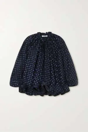 LANVIN Ruffled Metallic Fil Coupé Silk-blend Blouse - Navy