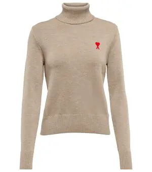 AMI Paris Ami Paris Logo Embroidered Wool Turtleneck Sweater Beige