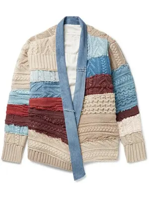 GREG LAUREN Shawl-collar Denim-trimmed Patchwork Cable-knit Cotton Cardigan
