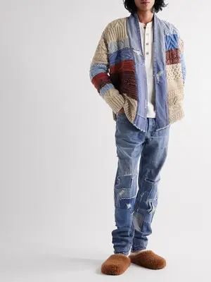 GREG LAUREN Shawl-collar Denim-trimmed Patchwork Cable-knit Cotton Cardigan