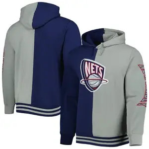 Mitchell & Ness Gray New Jersey Nets Hardwood Classics Split Pullover Hoodie - Navy