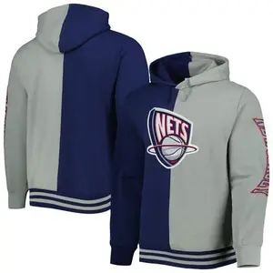 Mitchell & Ness Gray New Jersey Nets Hardwood Classics Split Pullover Hoodie - Navy