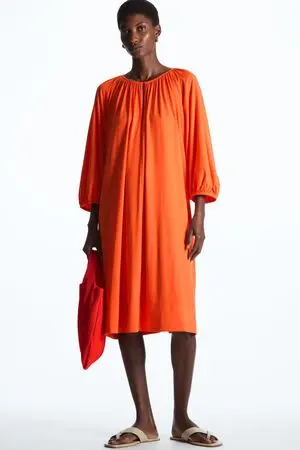 Cos Belted Puff-Sleeved Dress - Orange | Editorialist
