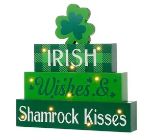 GLITZHOME Led Lighted St. Patricks Stack O' Blo Ks Table Decor - One-color