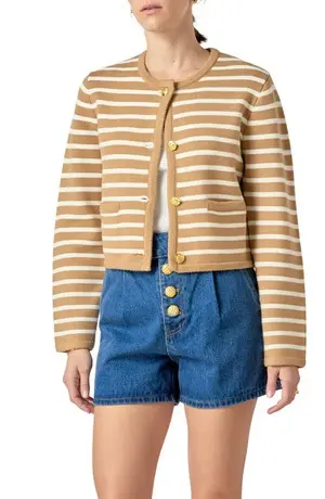English Factory Stripe Cardigan - Tan/ White