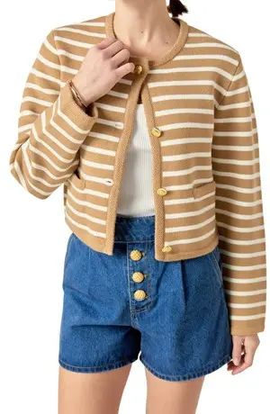 English Factory Stripe Cardigan - Tan/ White