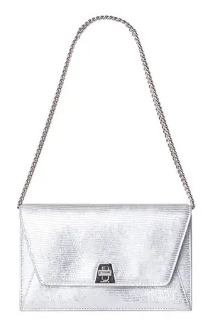 Akris Anouk Lizard Embossed Leather Envelope Wallet On A Chain - Silver Metallic