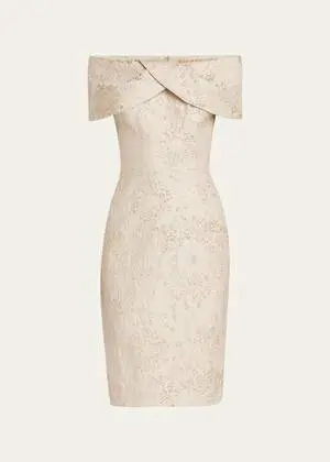 Rickie Freeman For Teri Jon Off-Shoulder Floral Jacquard Midi Dress Gold