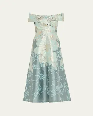 Rickie Freeman For Teri Jon Off-shoulder Floral Jacquard Midi Dress - Mint Mult
