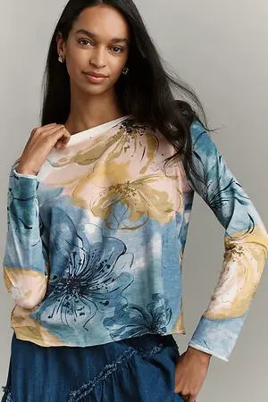 Maeve Maeve Caitlin Boxy Long-Sleeve T-Shirt Blue Floral
