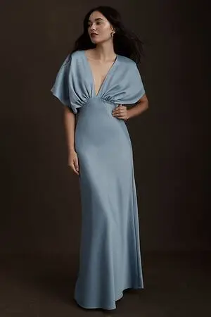 Bhldn BHLDN Leila Deep-V Flutter-Sleeve Satin A-Line Gown Blue