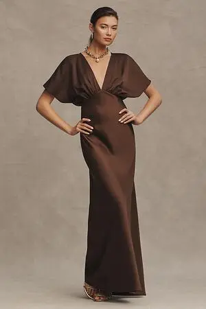 Bhldn BHLDN Leila Deep-V Flutter-Sleeve Satin A-Line Gown Brown