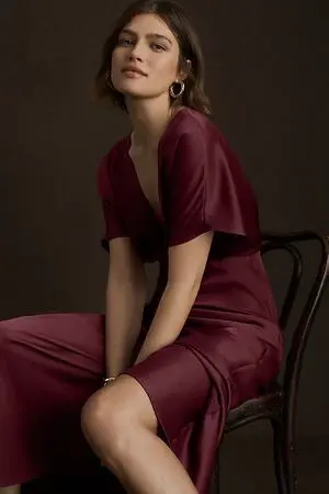 Bhldn BHLDN Leila Deep-V Flutter-Sleeve Satin A-Line Gown Red