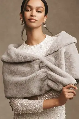 Bhldn Maxime Satin-Lined Faux Fur Wrap Grey
