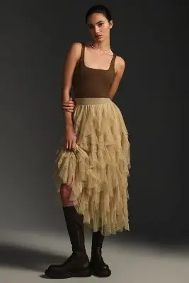 Anthropologie Chéri Ruffled Tulle Midi Skirt Green