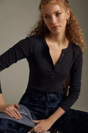 PILCRO Andie Ribbed Henley Top - Black