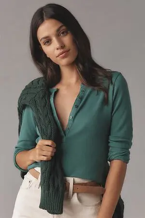 PILCRO Pilcro The Andie Ribbed Henley Top Green
