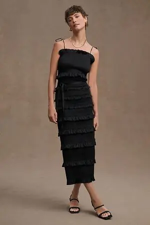 V. CHAPMAN Lily Ruched & Ruffled Stretch Satin Midi Dress - Black