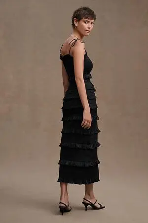 V. CHAPMAN Lily Ruched & Ruffled Stretch Satin Midi Dress - Black