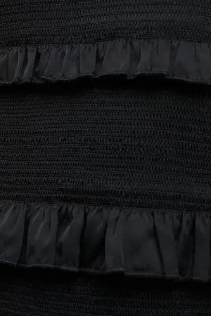 V. CHAPMAN Lily Ruched & Ruffled Stretch Satin Midi Dress - Black