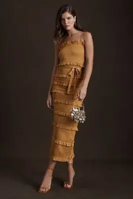 V. CHAPMAN Lily Ruched & Ruffled Stretch Satin Midi Dress Gold