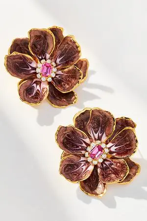 THE PINK REEF Handpainted Earrings Brown Floral