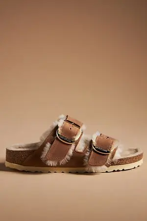 BIRKENSTOCK Arizona Big Buckle Shearling Sandals Cognac Oiled Leather/ Sand Castle Shearling