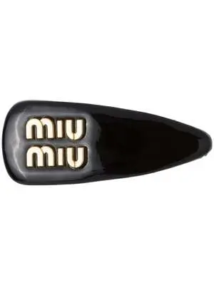 Miu Miu Patent Leather Hair Clip With Gold Tone Lettering - Black