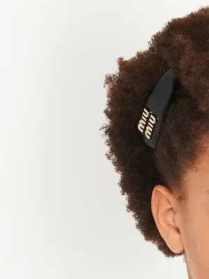Miu Miu Patent Leather Hair Clip With Gold Tone Lettering - Black