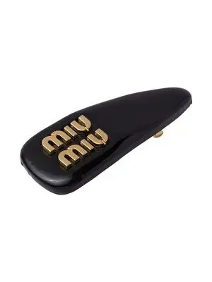 Miu Miu Patent Leather Hair Clip With Gold Tone Lettering - Black