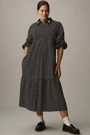 Maeve Tiered Shirt Dress - Black Dot