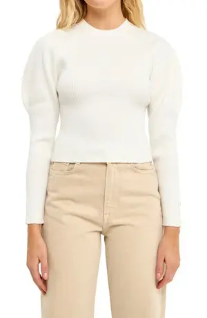 Endless Rose Leg Of Mutton Sleeve Ribbed Sweater - Cream
