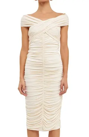 Endless Rose Off-the-shoulder Ruched Midi Dress