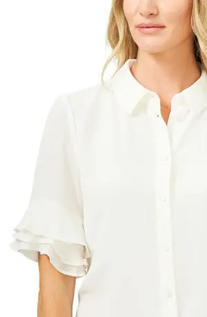 CECE DUPRAZ Ruffle Sleeve Crepe Button-up Shirt - Soft Ecru