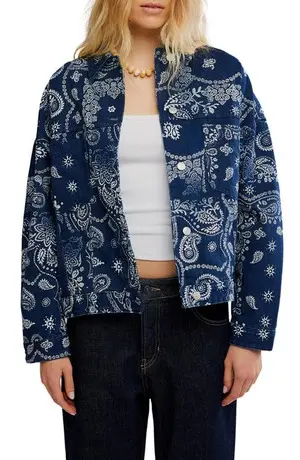 Free People Printed Denim Jacket - Navy Combo- Bandana