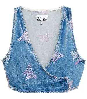 GANNI Embroidered Denim Crop Top