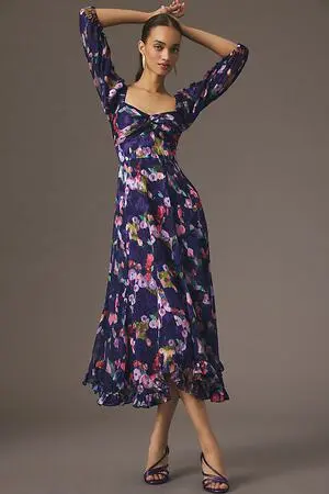 HUTCH Printed Twist-Front Puff-Sleeve Ruffle-Hem Dress Blue