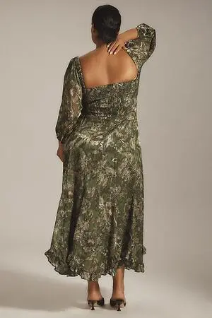 HUTCH Printed Twist-front Puff-sleeve Ruffle-hem Dress
