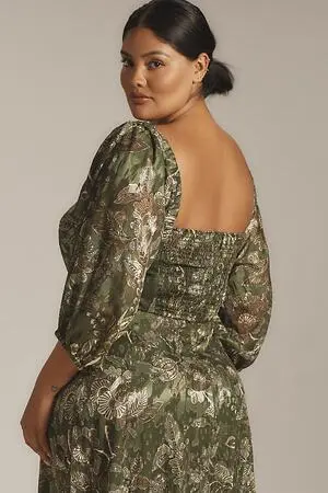 HUTCH Printed Twist-front Puff-sleeve Ruffle-hem Dress