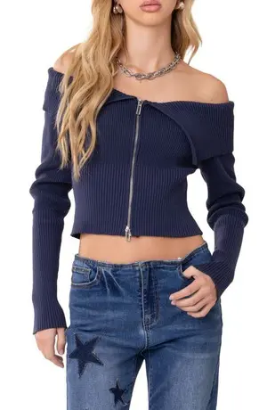 EDIKTED EDIKTED Double Zip Off The Shoulder Crop Sweater Blue
