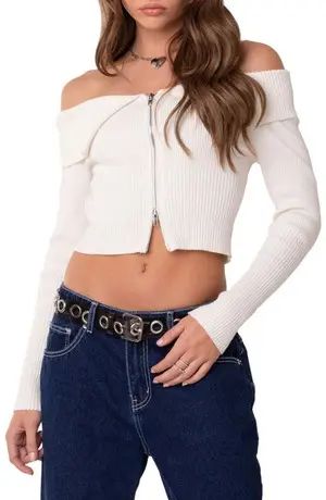 EDIKTED Double Zip Off The Shoulder Crop Sweater - Cream