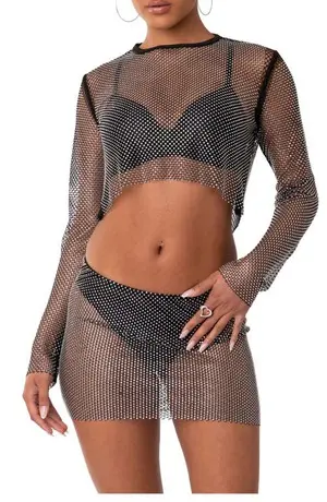 EDIKTED Embellished Sheer Fishnet Crop Top