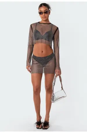 EDIKTED Embellished Sheer Fishnet Crop Top