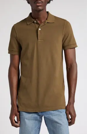 TOM FORD Short Sleeve Cotton Piqué Polo Deep Olive