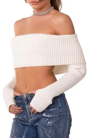 EDIKTED Astrea Off The Shoulder Crop Sweater