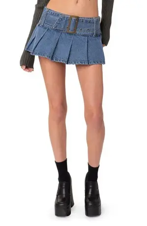 EDIKTED Belted Pleated Low Rise Denim Microminiskirt